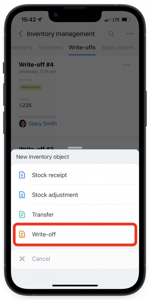 Write-offs in the mobile app
