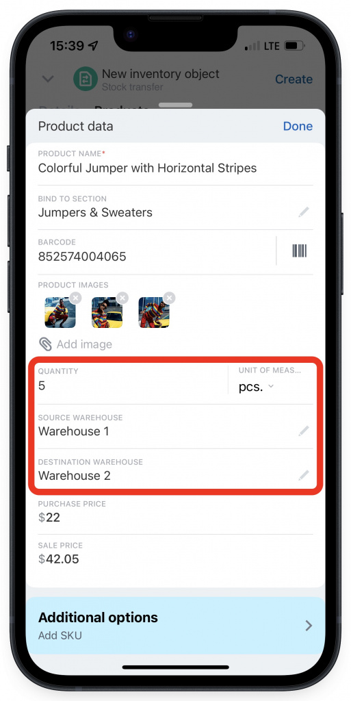 Stock transfers in the mobile app